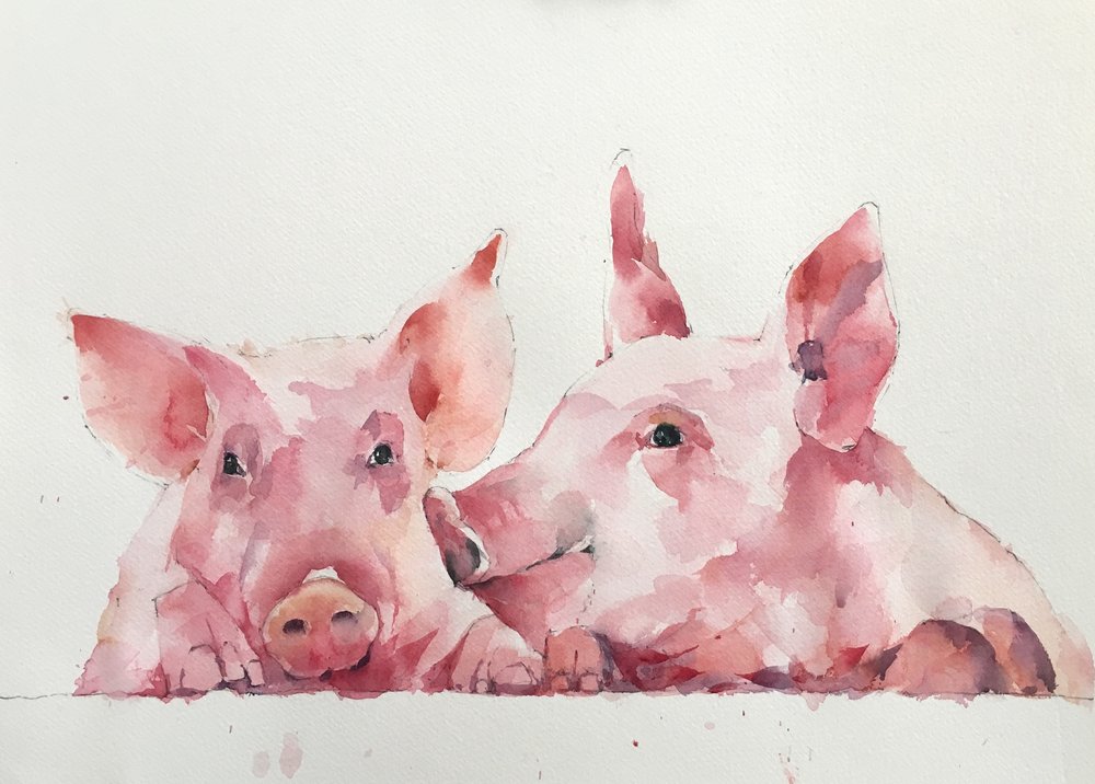 Perky Pigs Original Watercolor Painting - Michele Clamp Art