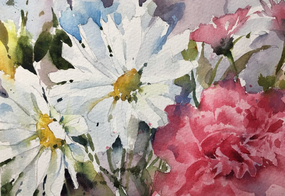Daisies and Carnation Original Watercolor Painting - Michele Clamp Art