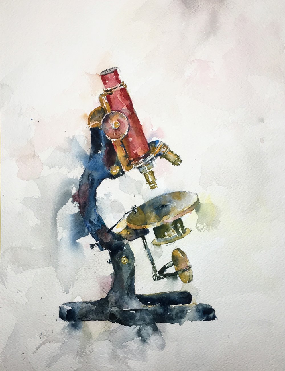 Antique Microscope Original Watercolor Painting - Michele Clamp Art
