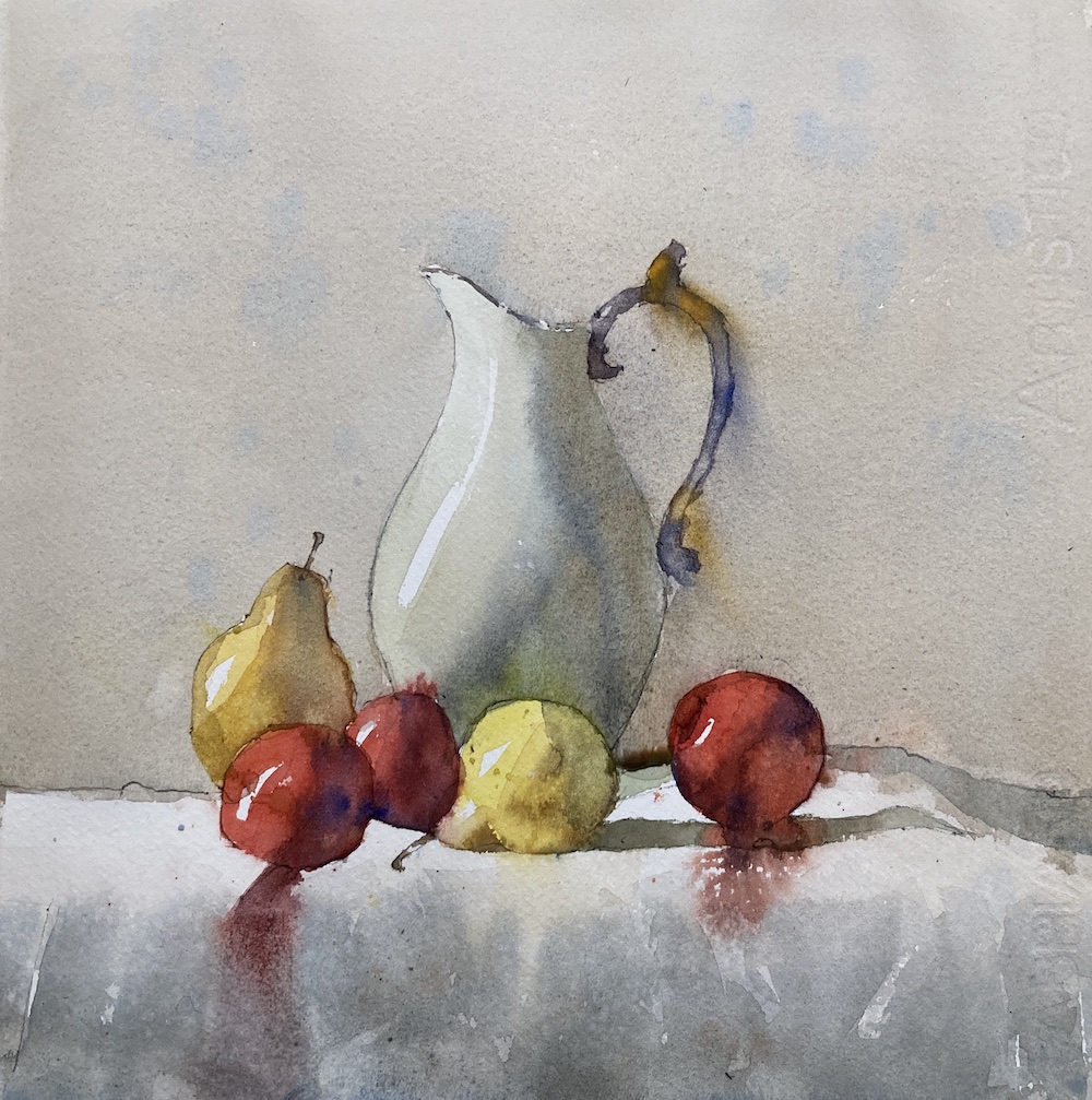 Fruit and Jug Still Life Watercolor - Michele Clamp Art Fruit and Jug Still Life Watercolor - Michele Clamp Art